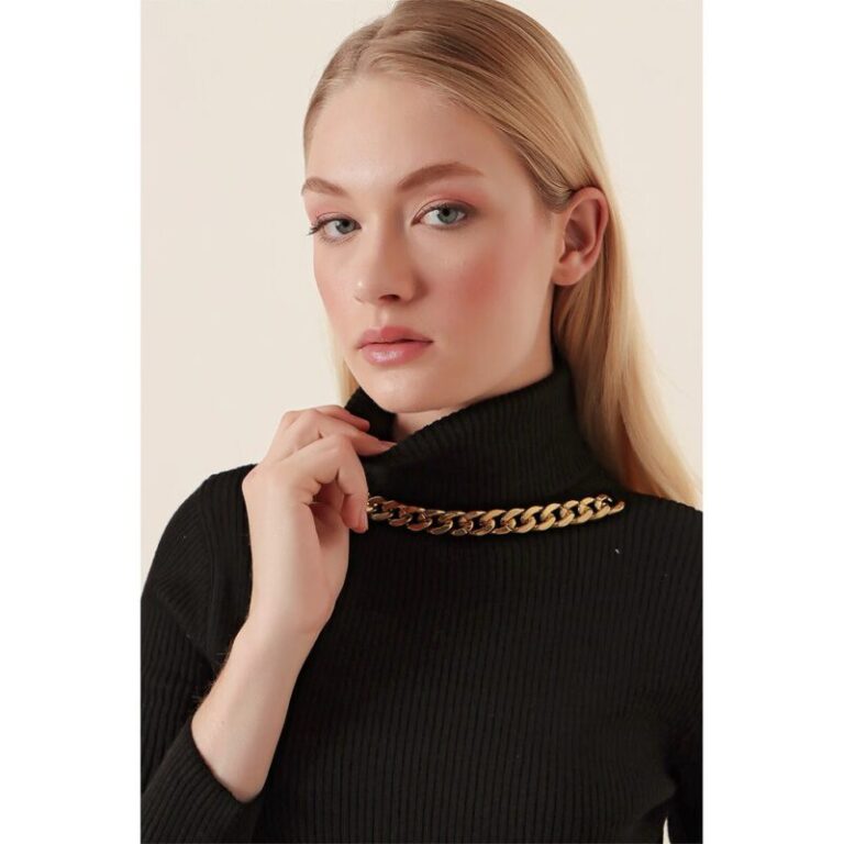 Black Golden Chain Turtleneck Ribbed Sweater - lara.pk